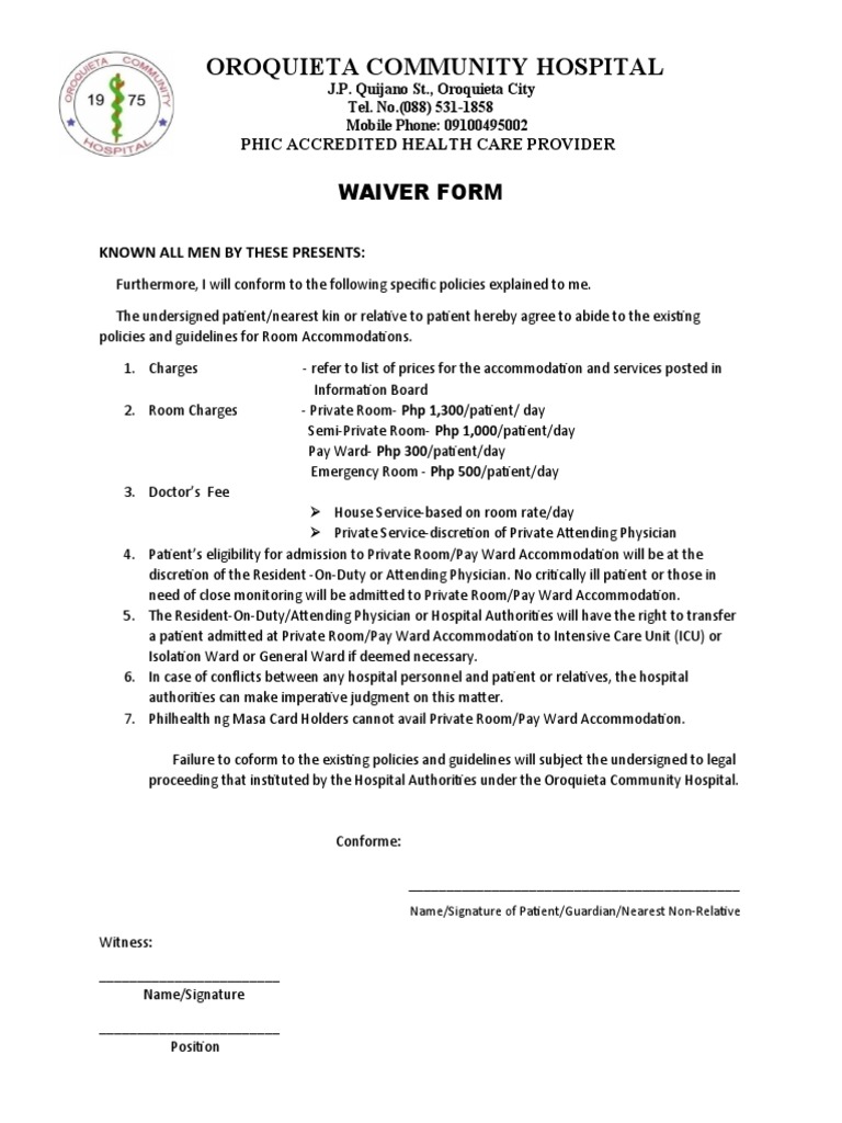 Oroquieta Community Hospital: Waiver Form | PDF | Hospital | Patient
