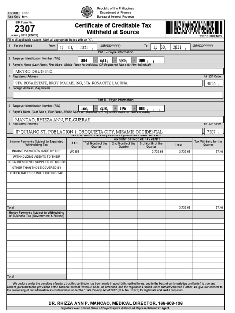Certificate of Creditable Tax Withheld at Source: Sta. Rosa Estate ...