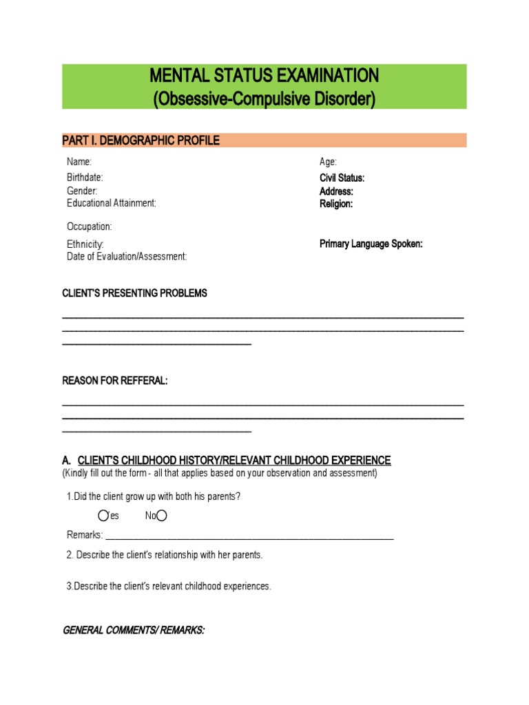 Ocd Mse-Checklist | PDF | Obsessive–Compulsive Disorder | Mental Disorder