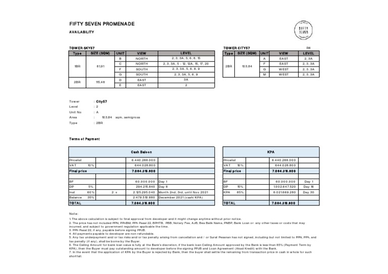 R3 Pricelist Normal Units Fifty Seven Promenade | PDF | Banks | Prices