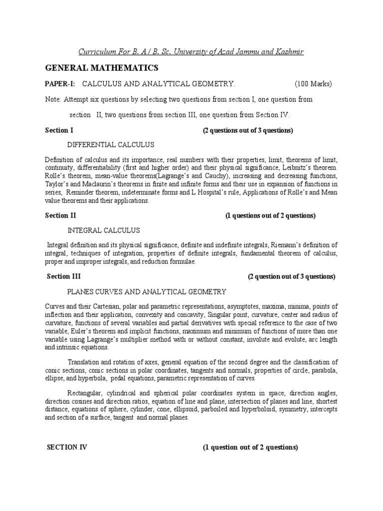 General Mathematics: Curriculum For B. A / B. Sc. University of Azad ...