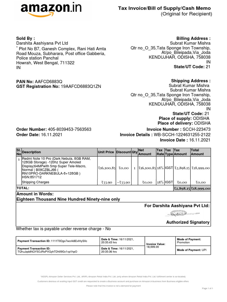 Tax Invoice for the Sale of a Redmi Note 10 Pro Mobile Phone from ...