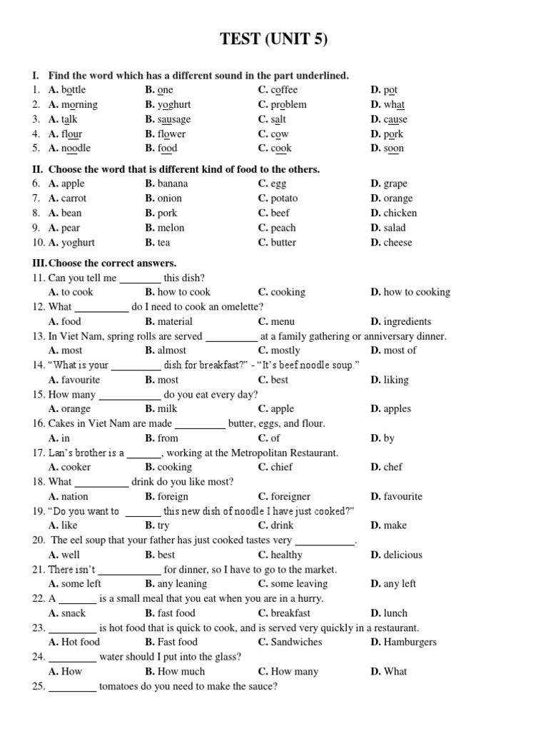 Test (Unit 5) : I. Find The Word Which Has A Different Sound in The ...