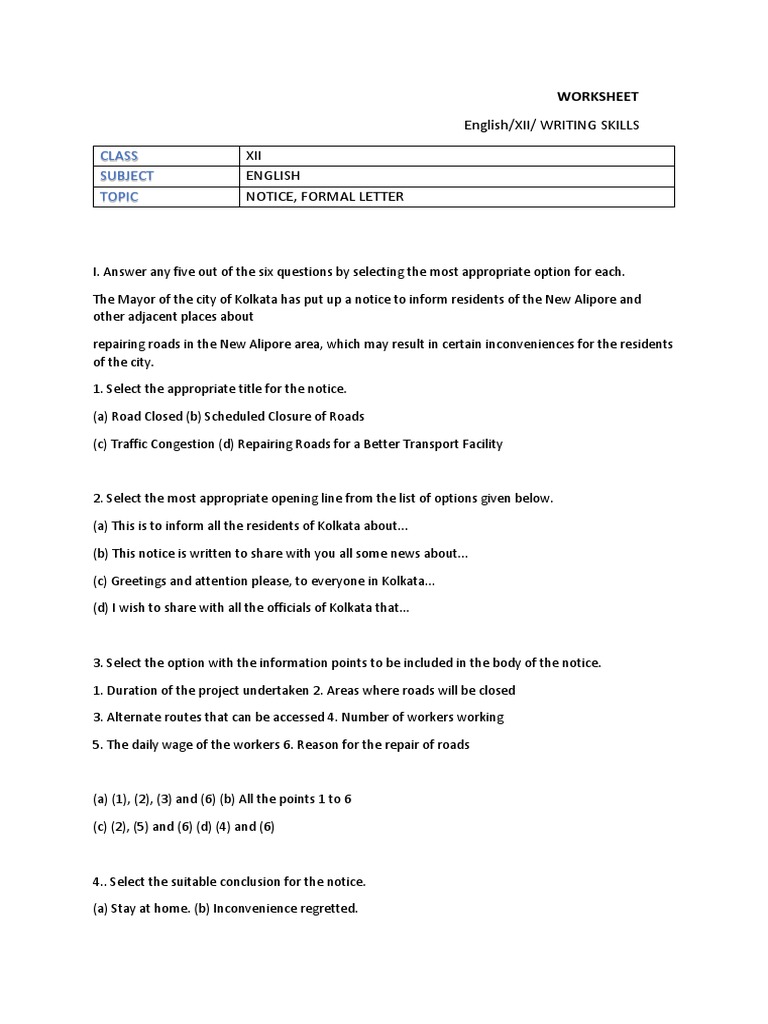 Class Subject Topic: English/Xii/ Writing Skills XII English Notice ...