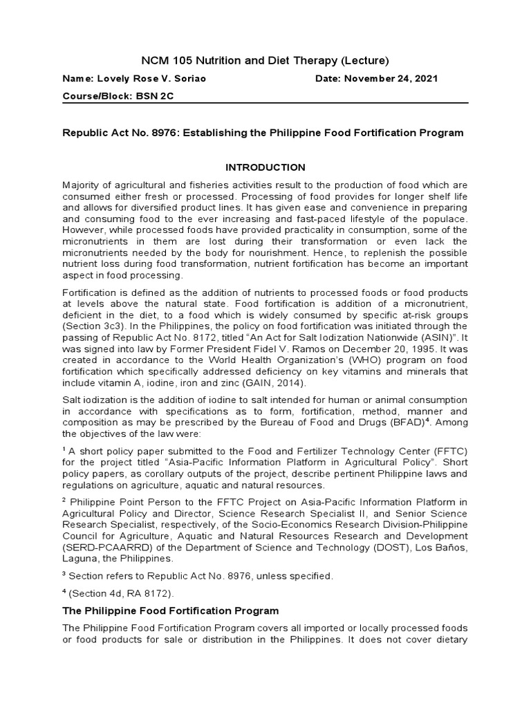 RA 8976 or The Food Fortification Law | PDF | Micronutrient | Foods