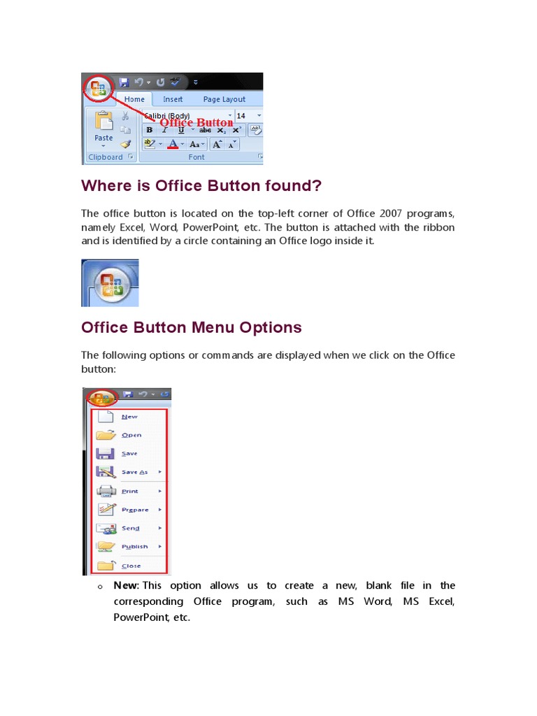 Find Office Button location and menu options | PDF | Window (Computing ...