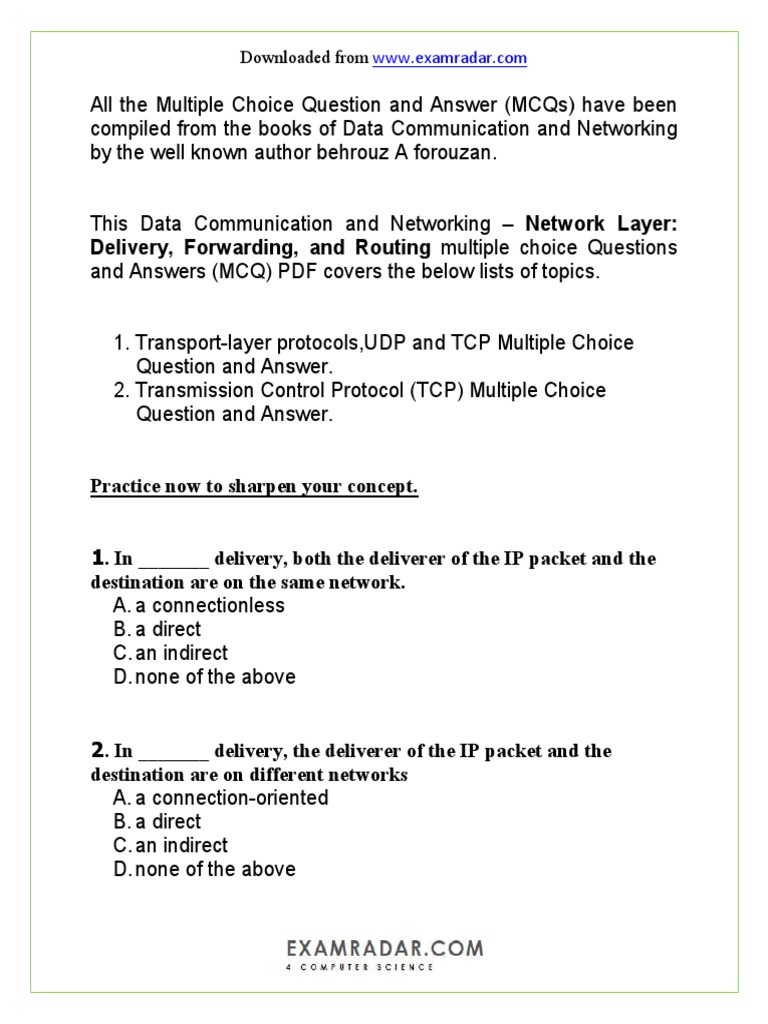 CH 22 Network Layer Delivery Forwarding and Routing Multiple Choice Questions and Answers PDF ...