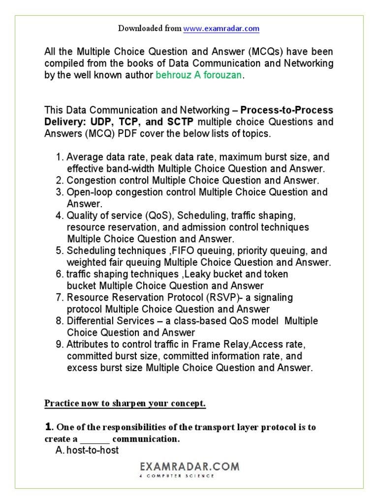 CH 23 Process To Process Delivery UDP TCP and SCTP Multiple Choice Questions and Answers PDF ...