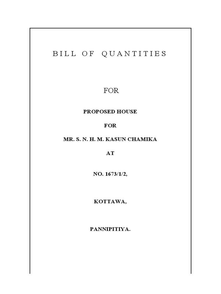 Bill of Quantities: Proposed House FOR Mr. S. N. H. M. Kasun Chamika AT | PDF | Masonry | Plaster