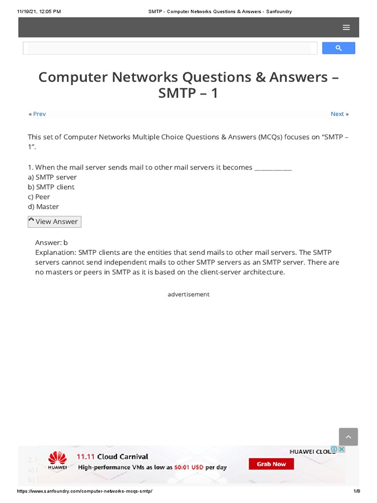 Computer Networks Questions & Answers - SMTP - 1: Prev Next | PDF | Transmission Control ...