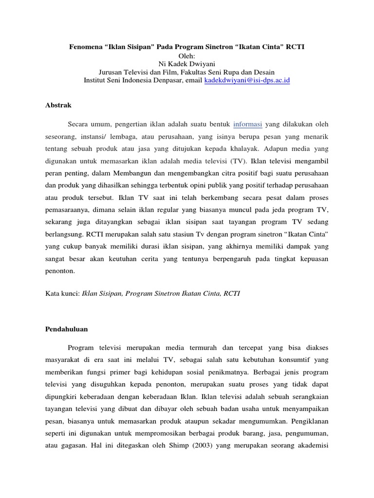 Fenomena Iklan Sisipan Pada Program Sinetron Ikatan Cinta RCTI | PDF