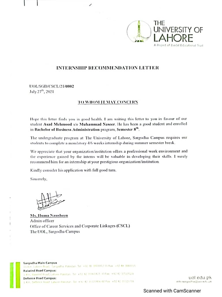 Intership Letter Asad | PDF