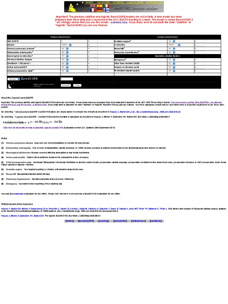 Euroscore: Important: The Previous Additive and Logistic Euroscore ...