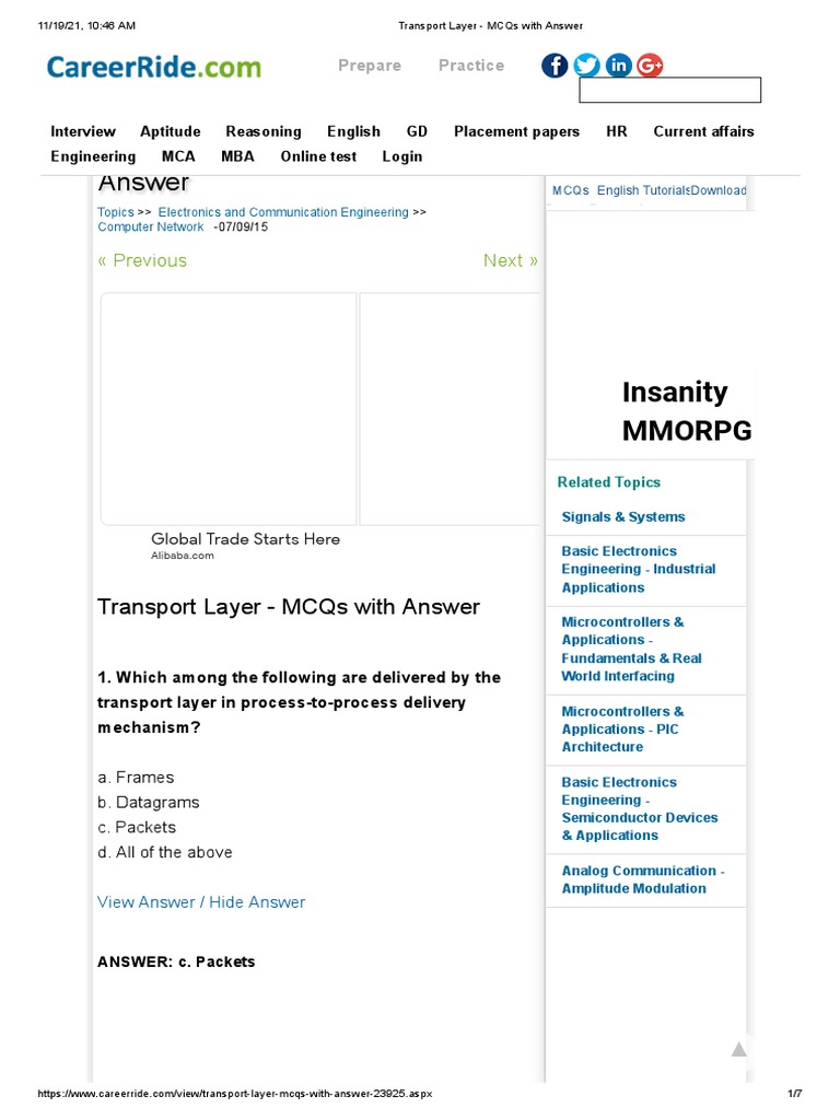 Transport Layer - MCQs With Answer | PDF | Transmission Control ...