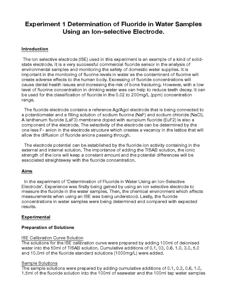 Experiment 1 Determination of Fluoride in Water Samples Using An Ion ...