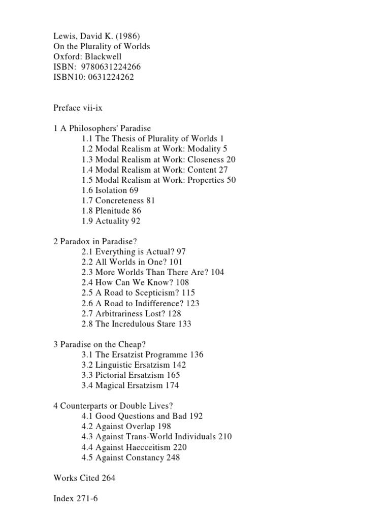 David Lewis 1986 On The Plurality of Worlds OCR | PDF | Modal Logic ...
