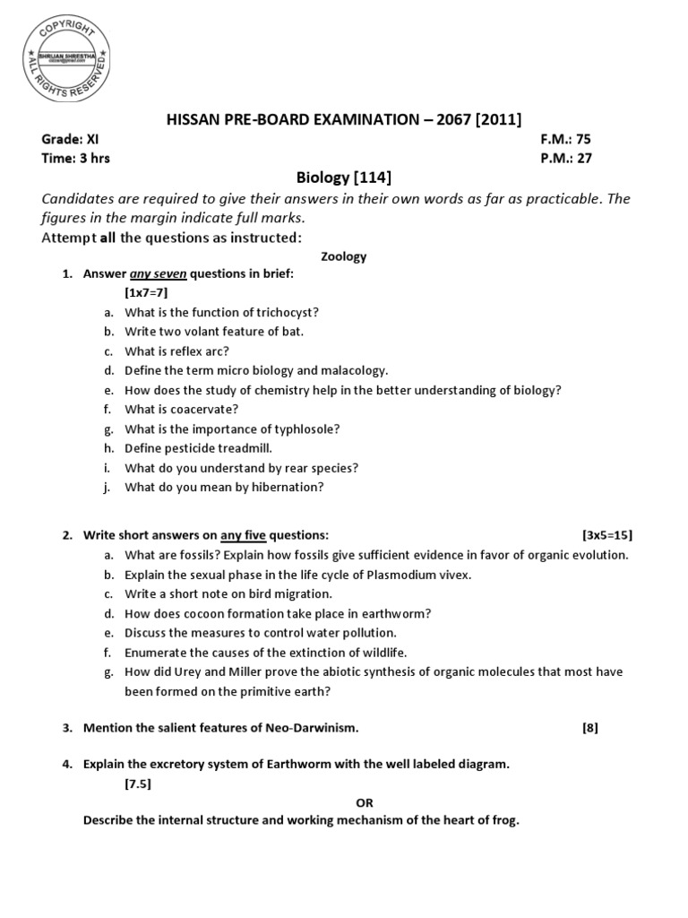 Hissan Pre-Board Exam 2067biology Xi | PDF | Life | Ecosystem