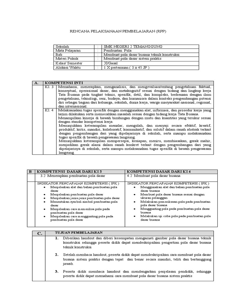 RPP MEMBUAT POLA DASAR BUSANA | PDF