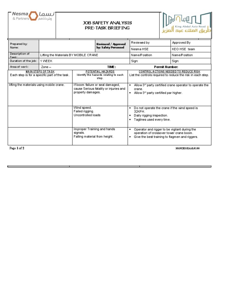 Job Safety Analysis Pre-Task Briefing: Reviewed / Approved By: Safety ...