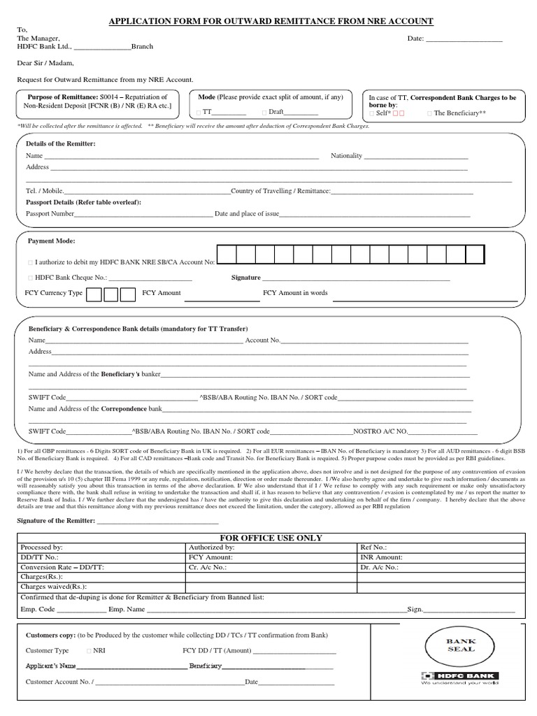 Application Form For Outward Remittance From Nre Account | Download ...