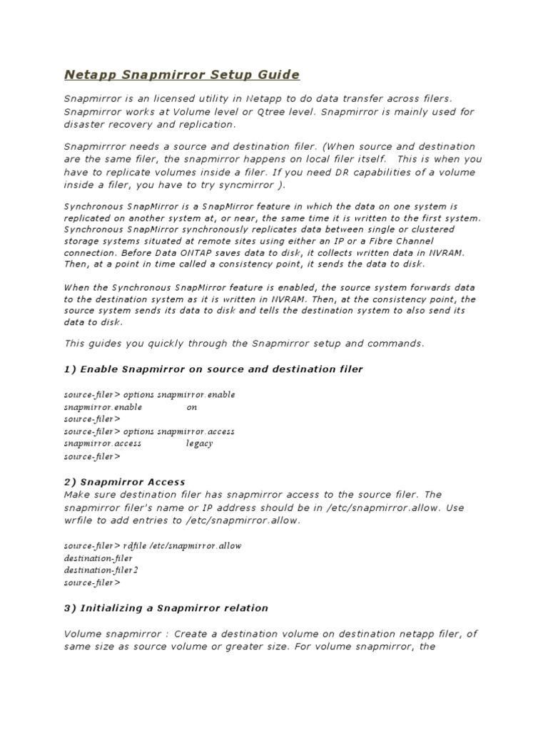 Netapp Snap Mirror Setup Guide | PDF | Data | Information Technology Management