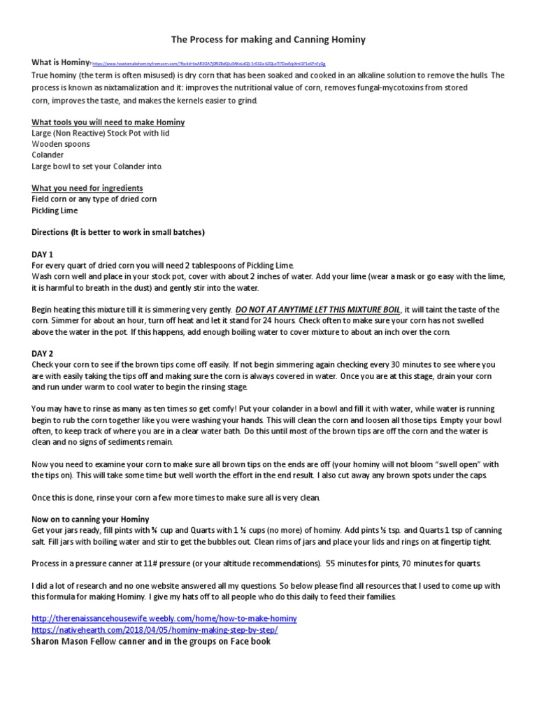 The Process For Making and Canning Hominy | PDF | Cooking | Foods