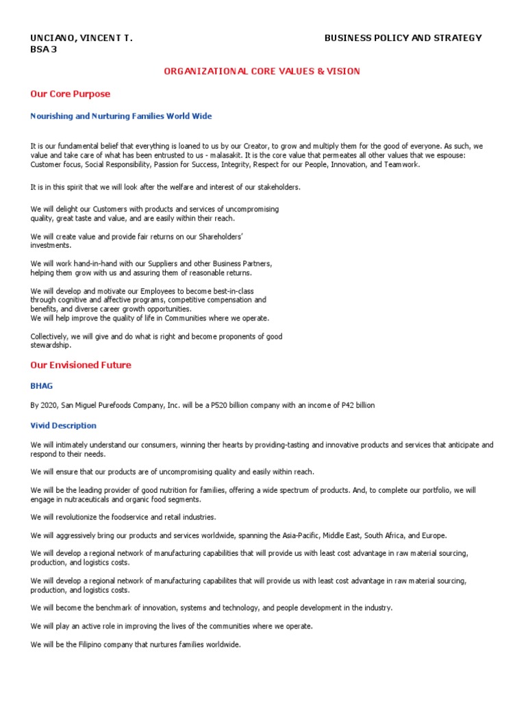 Organizational Core Values & Vision Our Core Purpose | PDF | Innovation ...