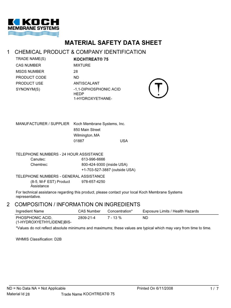 Material Safety Data Sheet for Kochtreat 75 Antiscalant Mixture | PDF