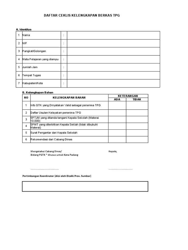 1 Daftar Ceklis TPG Dan Tamsil Tahun 2021 TW 1 | PDF