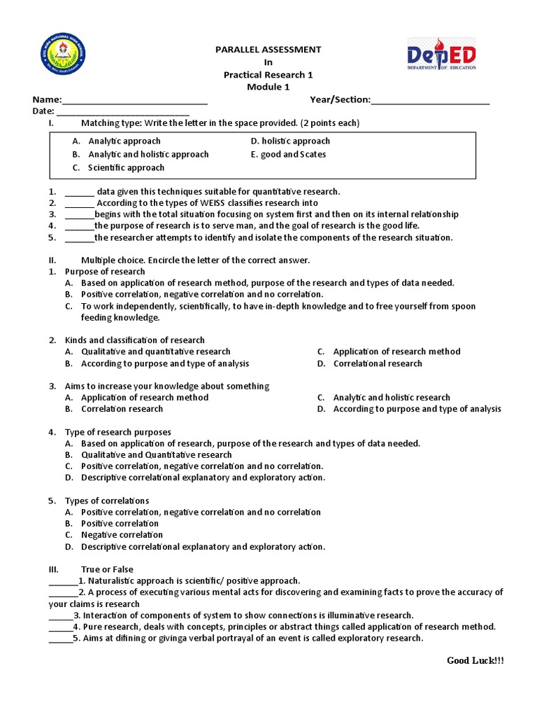 PARALLEL ASSESSMENT in PR1 | PDF | Quantitative Research | Qualitative ...