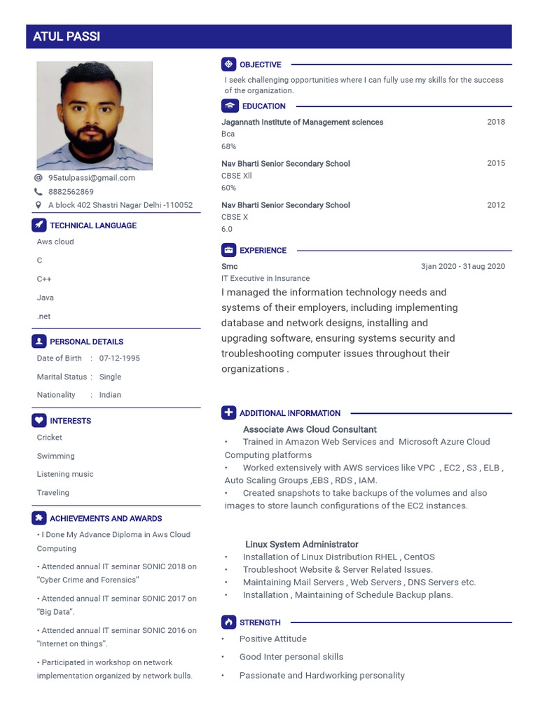 Atul Passi Resume - IT Executive with AWS and Linux Skills | PDF | Amazon Web Services | Cloud ...