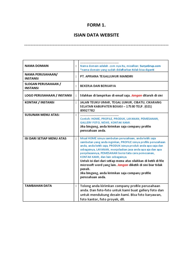 Form Isian Website - Paket G | PDF
