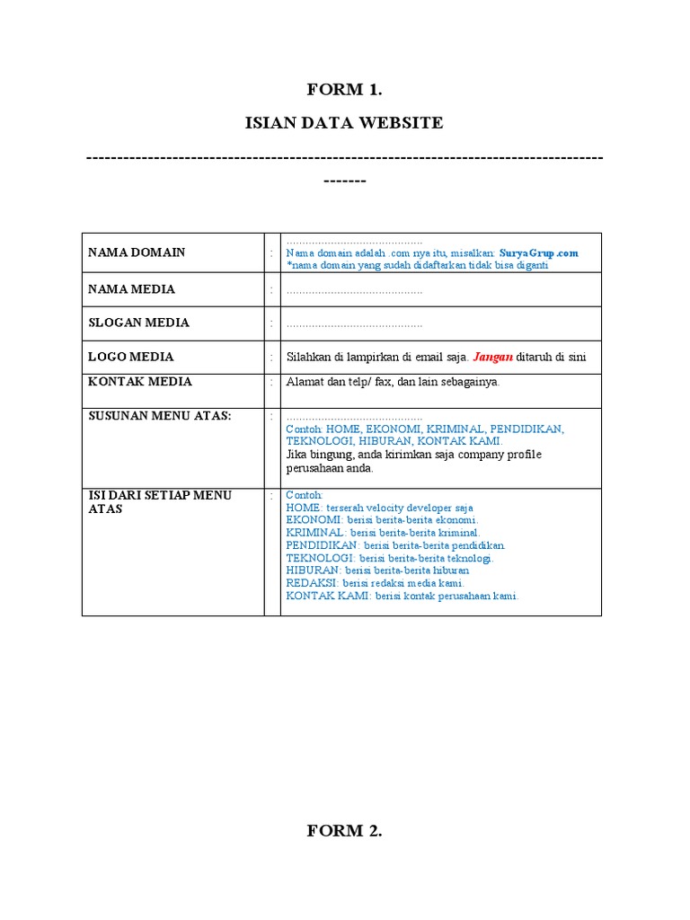 FORM ISIAN WEBSITE - Paket Portal Berita Custom | PDF | Bisnis | Komputer