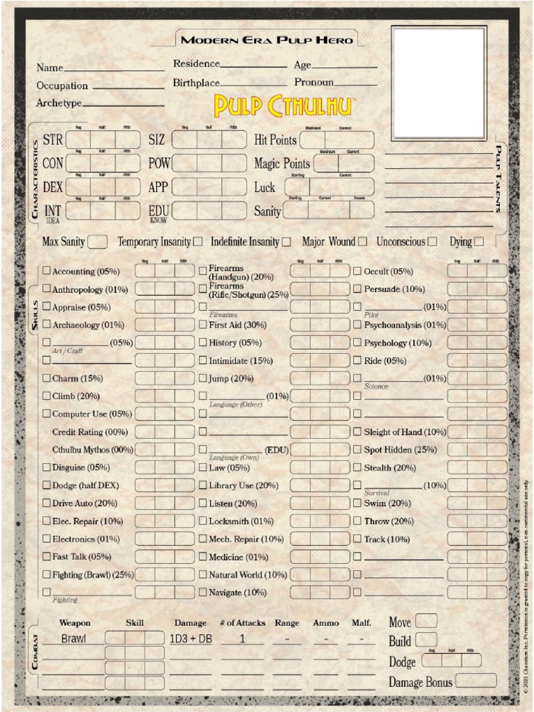 CoC7 PC Sheet - Auto-Fill - Modern - Pulp - Color | PDF