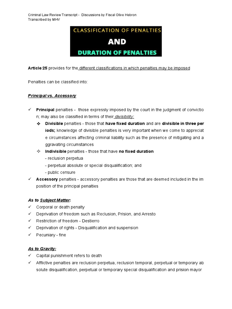 Classification and Duration of Penalties | PDF | Justice | Crime & Violence