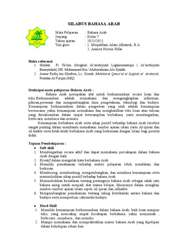 Silabus Bahasa Arab Kelas 7 | PDF