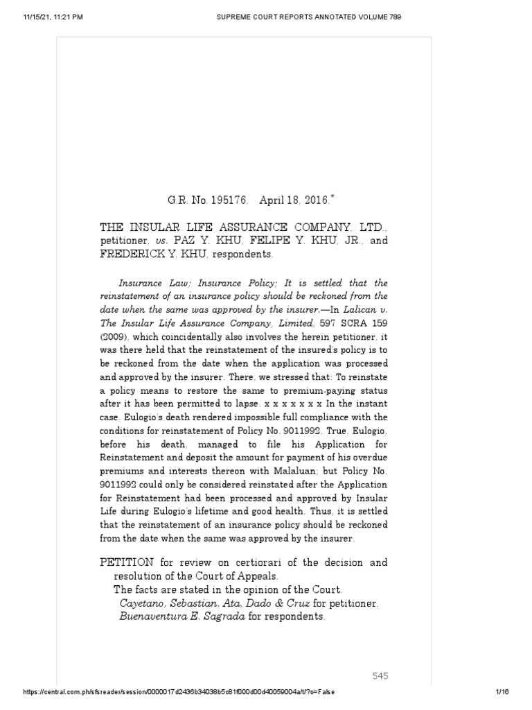 Insular Life Vs Khu | PDF | Life Insurance | Insurance