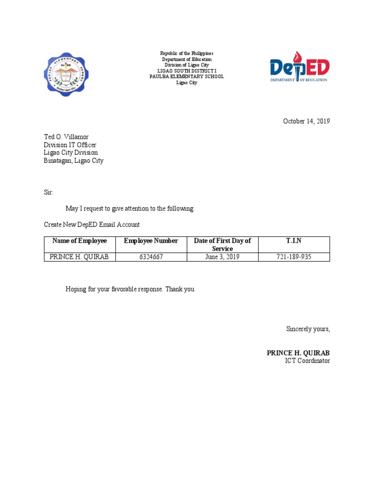Letter Request For The Creation of DepED Email | PDF