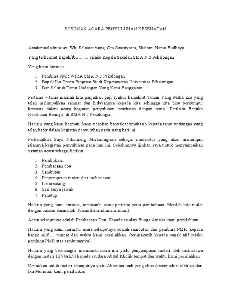 Susunan Acara Penyuluhan Kesehatan Sma N 2 Pekalongan | PDF
