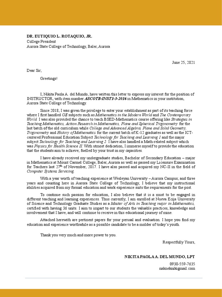 Application Letter | PDF | Mathematics | College