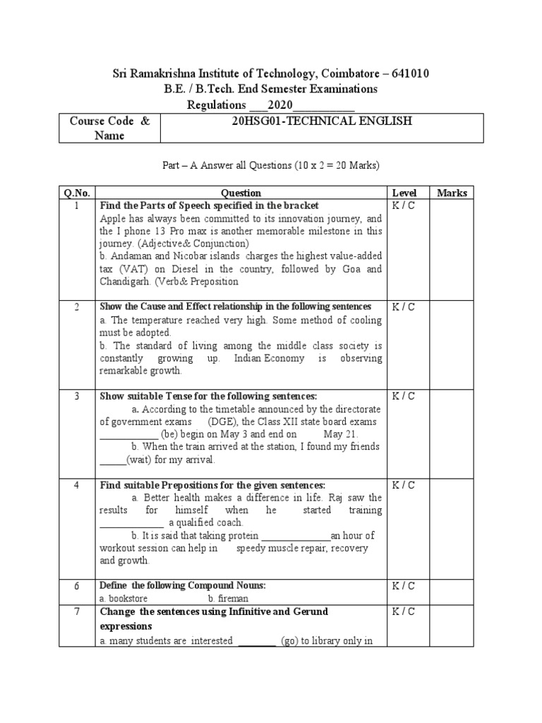 Question Paper Template | PDF | Part Of Speech | Linguistics