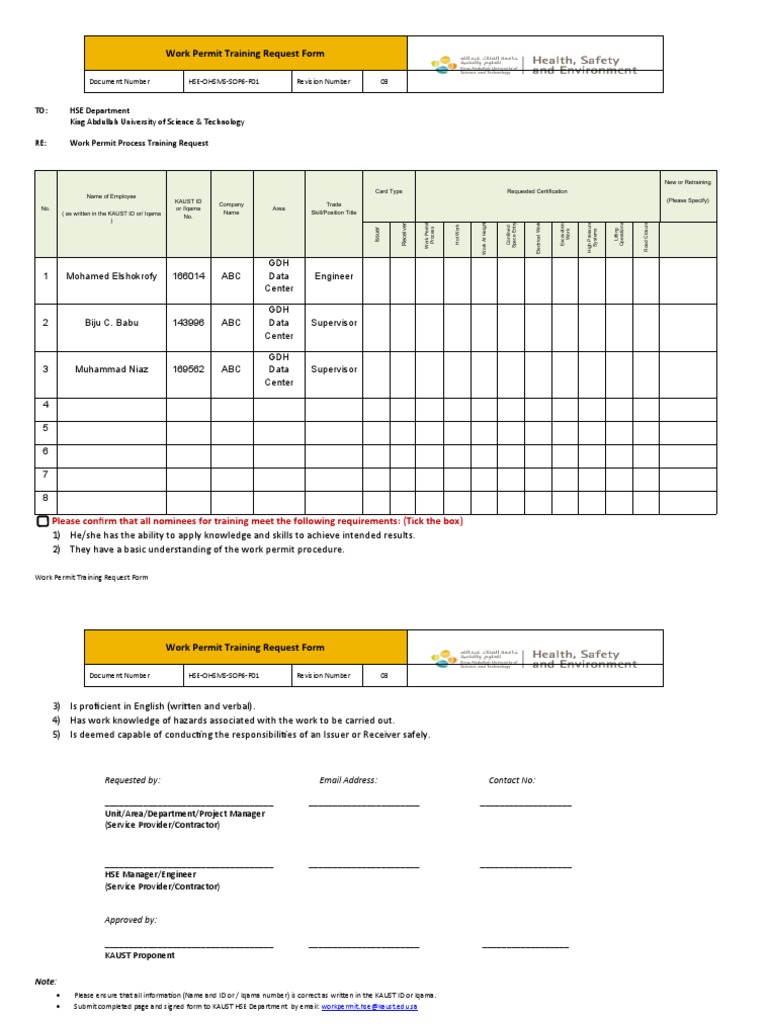 Work Permit Training Request Form | PDF