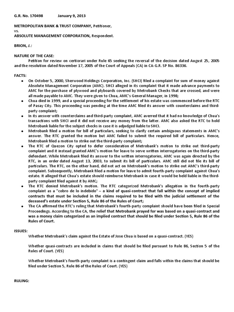 SpecPro - 30 - G.R. No. 170498 MBTC V Absolute Management - Digest ...