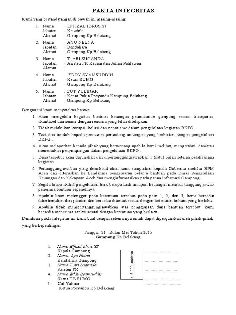 Pakta Integritas - Form e | PDF