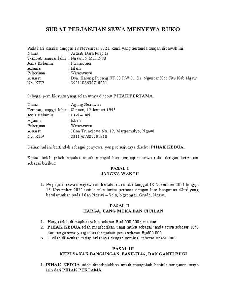 Surat Perjanjian Sewa Menyewa Ruko | PDF