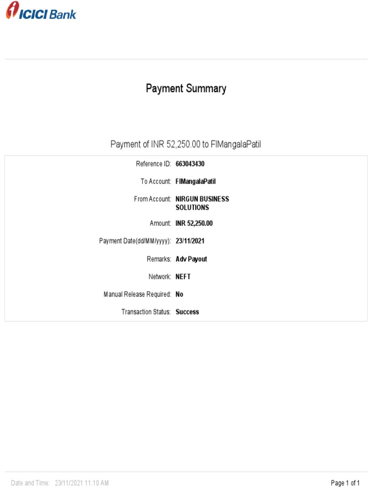 NEFT Payment Summary INR 52,250 | PDF