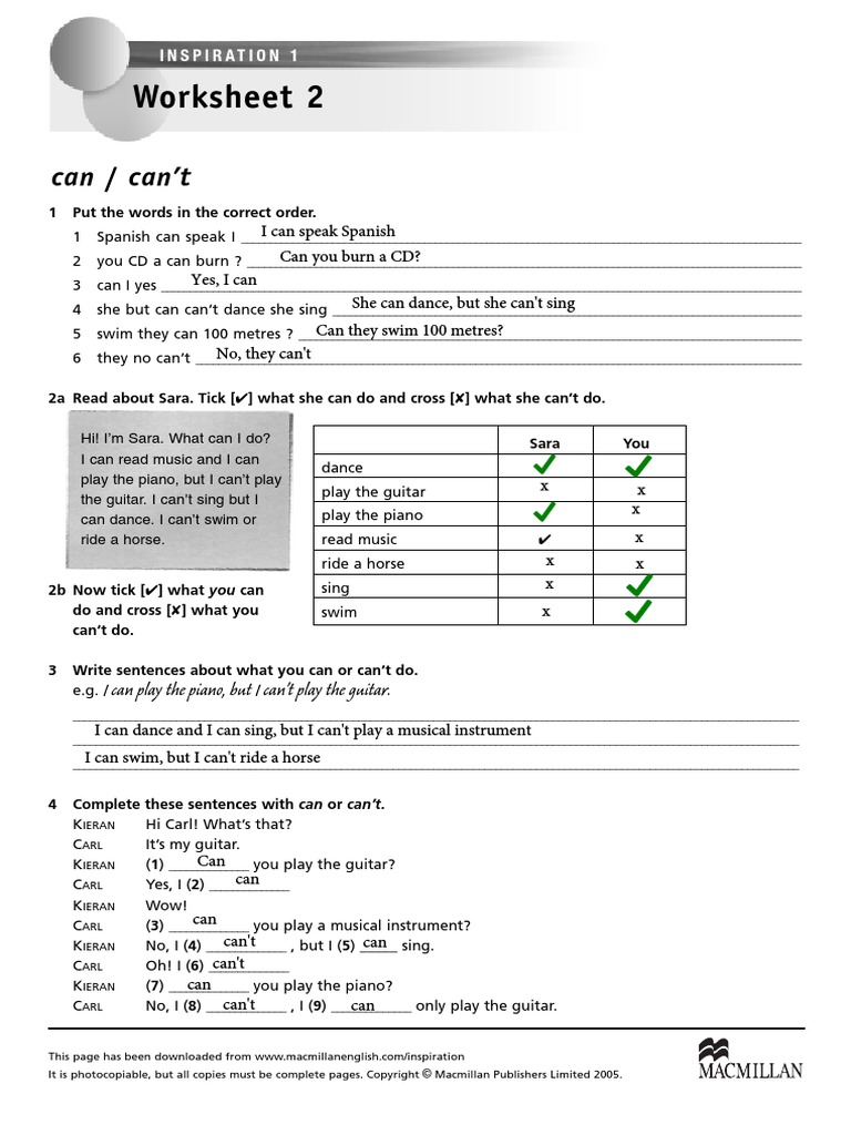 Worksheet 2: Can / Can't | PDF