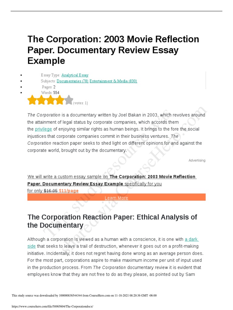 This Study Resource Was: The Corporation: 2003 Movie Reflection Paper ...