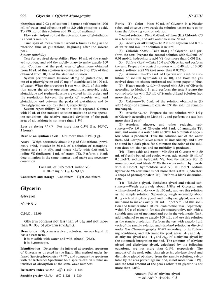 Glycerin: 992 992 JP Xvii Glycerin / Official Monographs | PDF ...