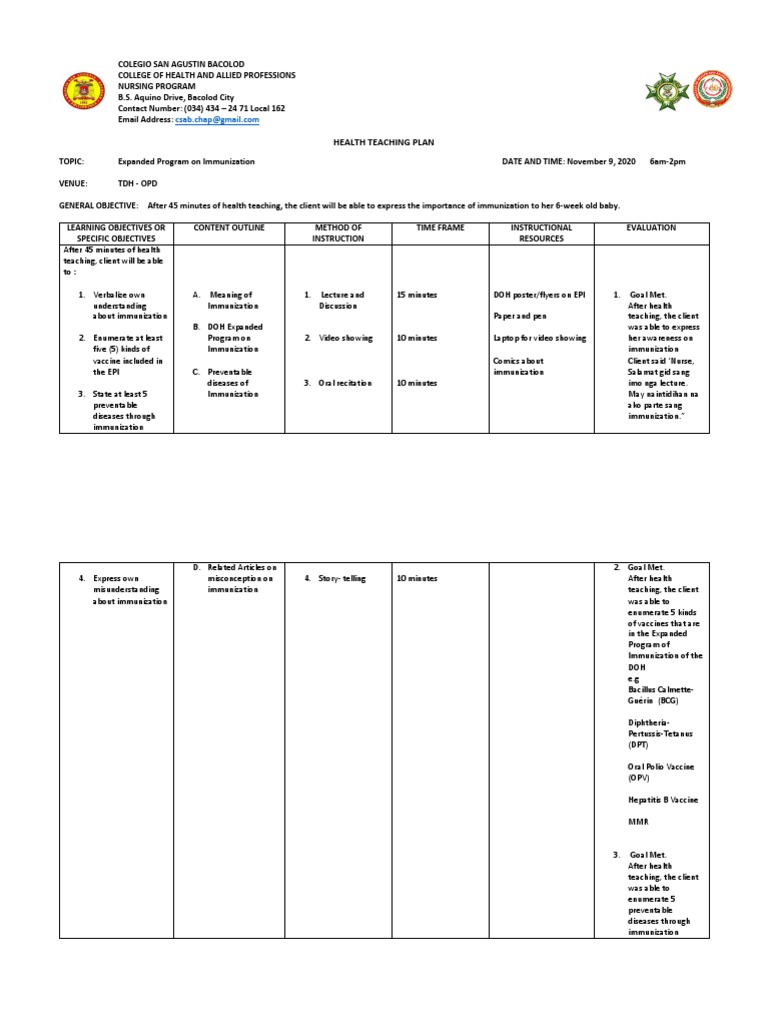 Health Teaching Plan Sample | PDF | Vaccines | Medical Specialties